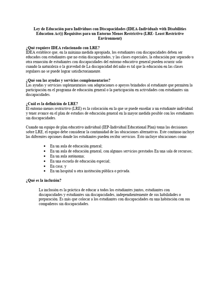 Educación Inclusiva y LRE en IDEA | PDF | Salón de clases | Invalidez