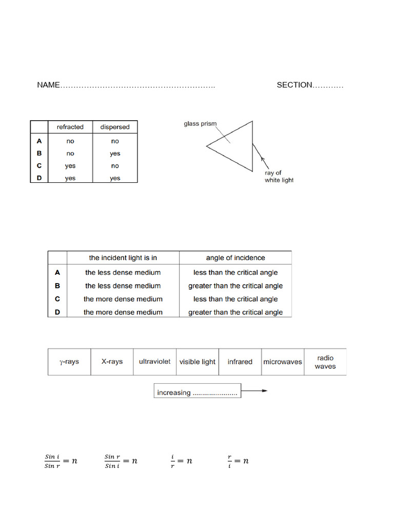 Physics Grade 8 Term 2 Revision MCQ | PDF | Light | Refraction