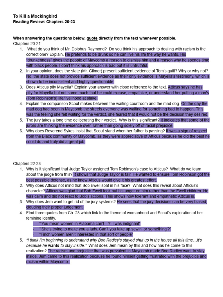 To Kill a Mockingbird: Chapters 20-23 Review | PDF | To Kill A Mockingbird