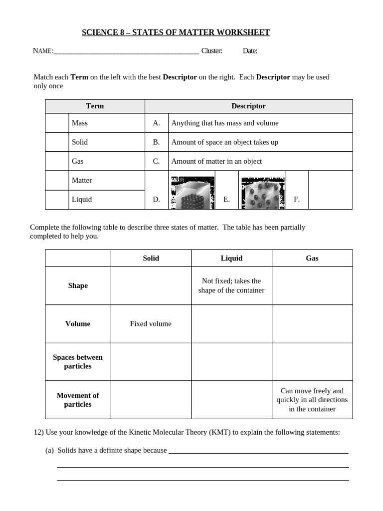 States of Matter Worksheet for Grade 8 | PDF