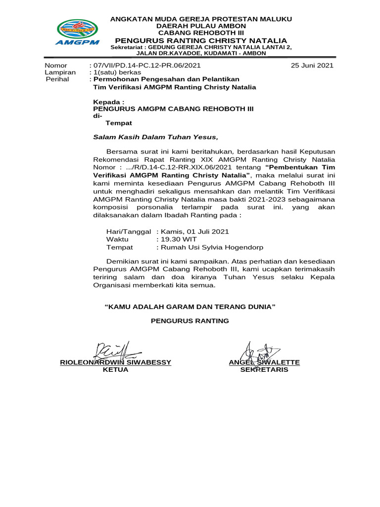 FORMAT Surat Permohonan Pelantikan Tim Verifikasi Ranting | PDF