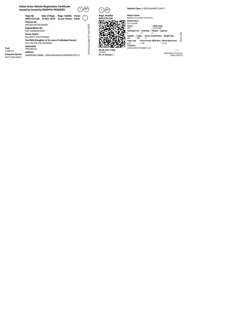 Vehicle Registration Certificate MP07ZU1530 | PDF | Electrification | Car