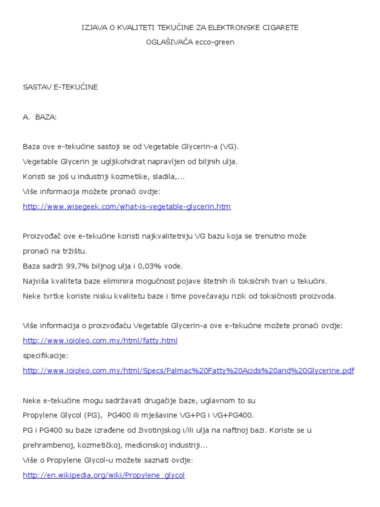 Izjava o Kvaliteti Tekućine Za Elektronske Cigarete | PDF