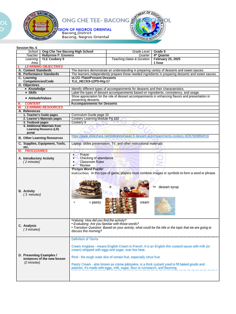 Lp Cookery 9 Session 5 Pdf Custard Desserts