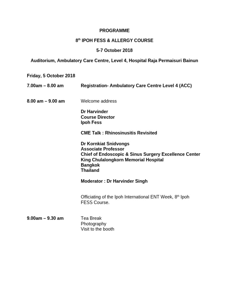 8th Ipoh Fess - Tentative Agenda | PDF | Surgery | Rhinology