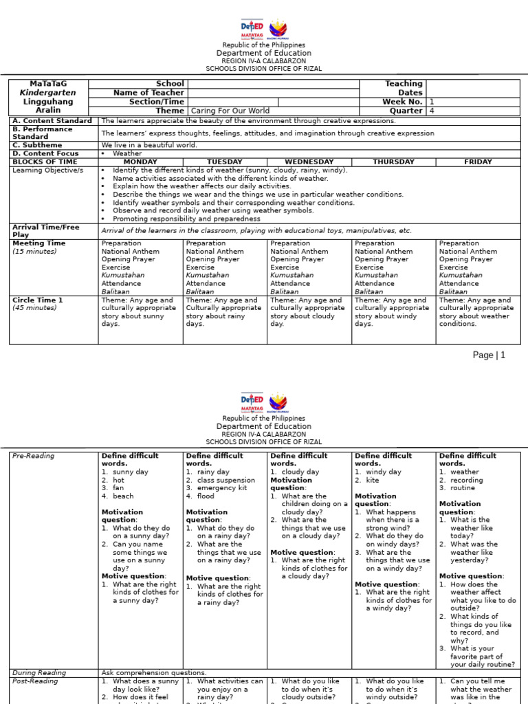 W1 - MATATAG Kinder LE Q4 | PDF | Tornadoes | Wound