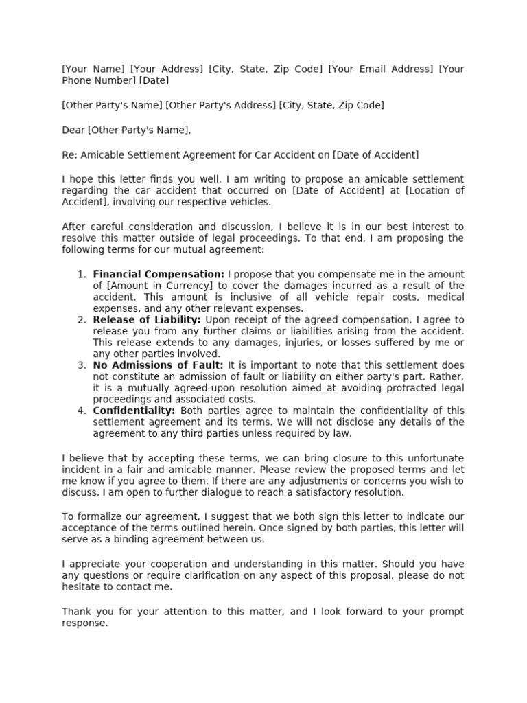 Car Accident Settlement Proposal Letter | PDF | Legal Liability ...