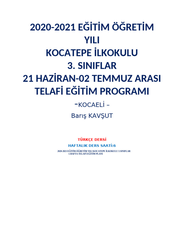 3.sinif 21 Haziran 02 Temmuz Arasi Telafi Egitim Programi | PDF
