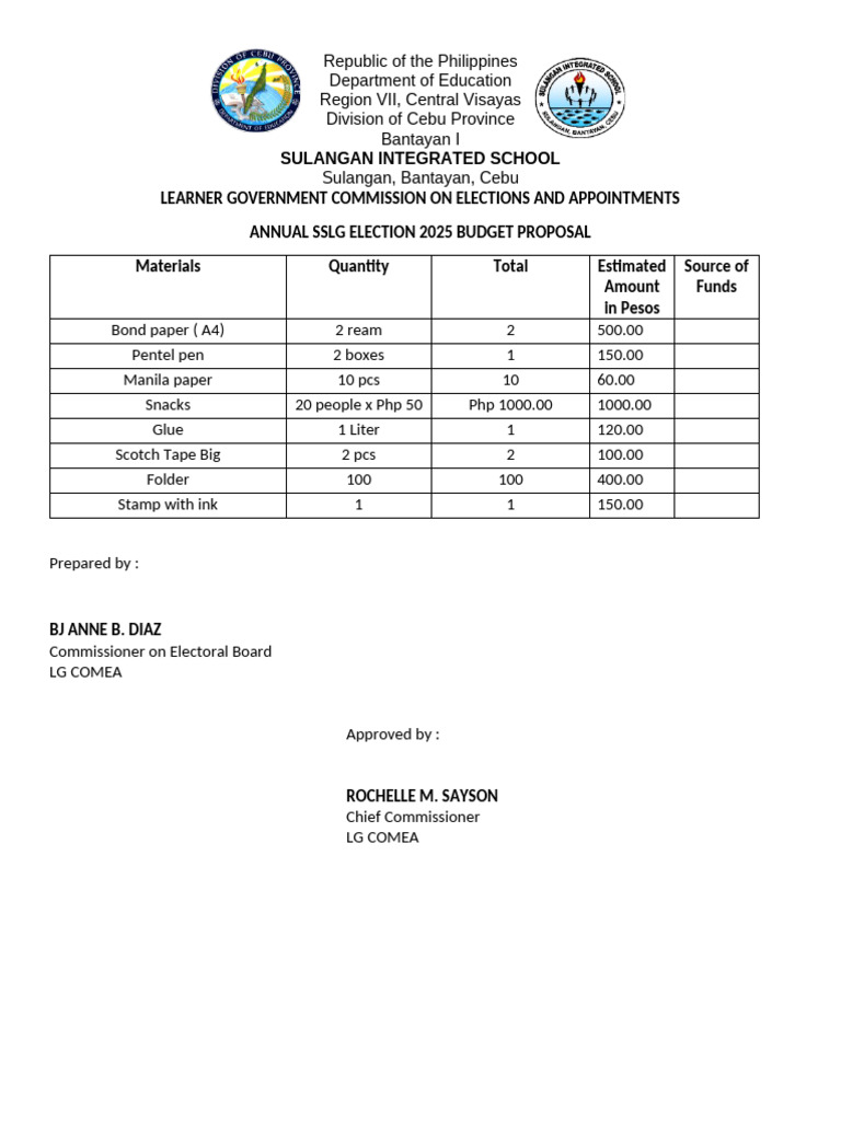 Annual SSG Election 2025-2026 Budget Proposal | PDF | Philippines