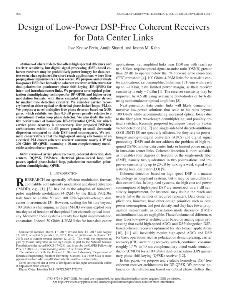Design of Low-Power DSP-Free Coherent Receivers For Data Center Links | PDF | Fiber Optic ...