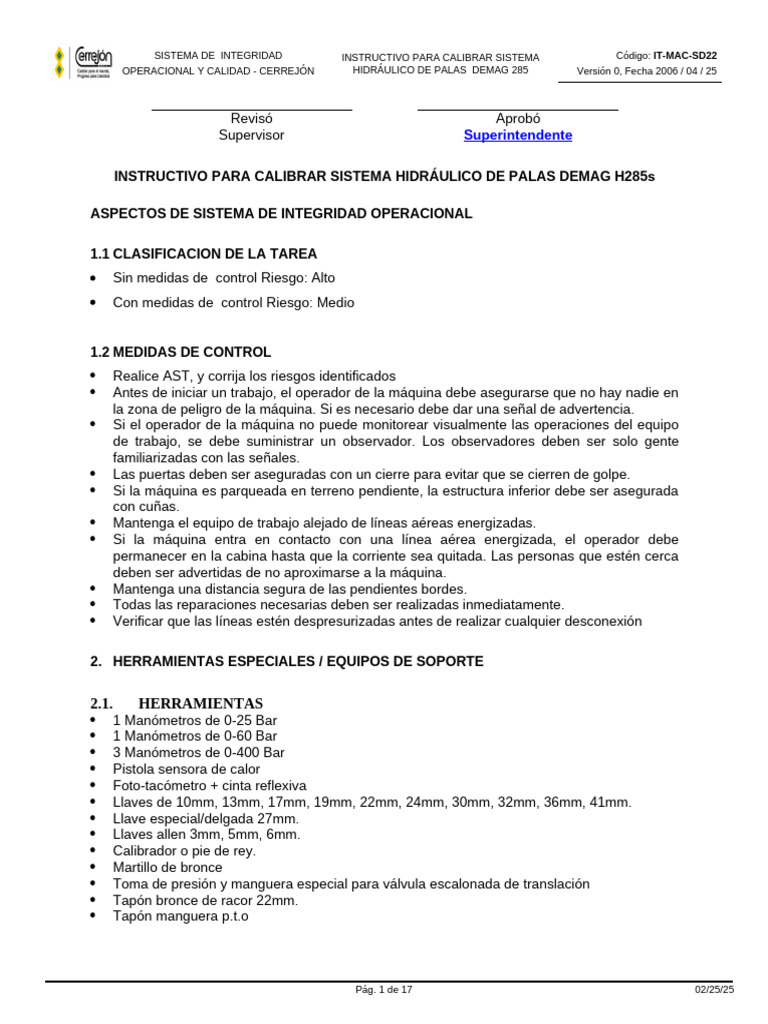 Instructivo para Calibrar Sistema Hidráulico de Palas Demag 285-IT-MAC ...