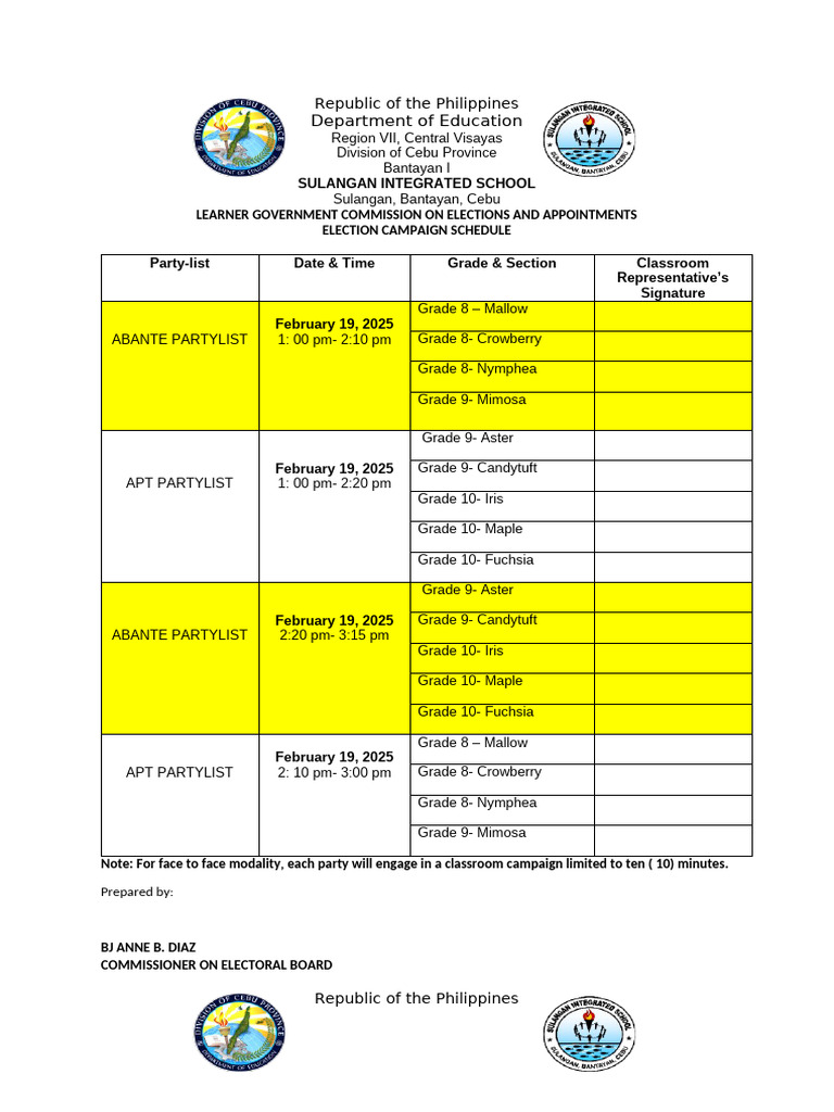 Sulangan Integrated School Election Schedule | PDF | Question