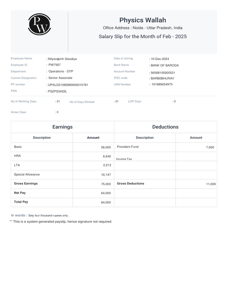 February 2025 Salary Slip Details | PDF