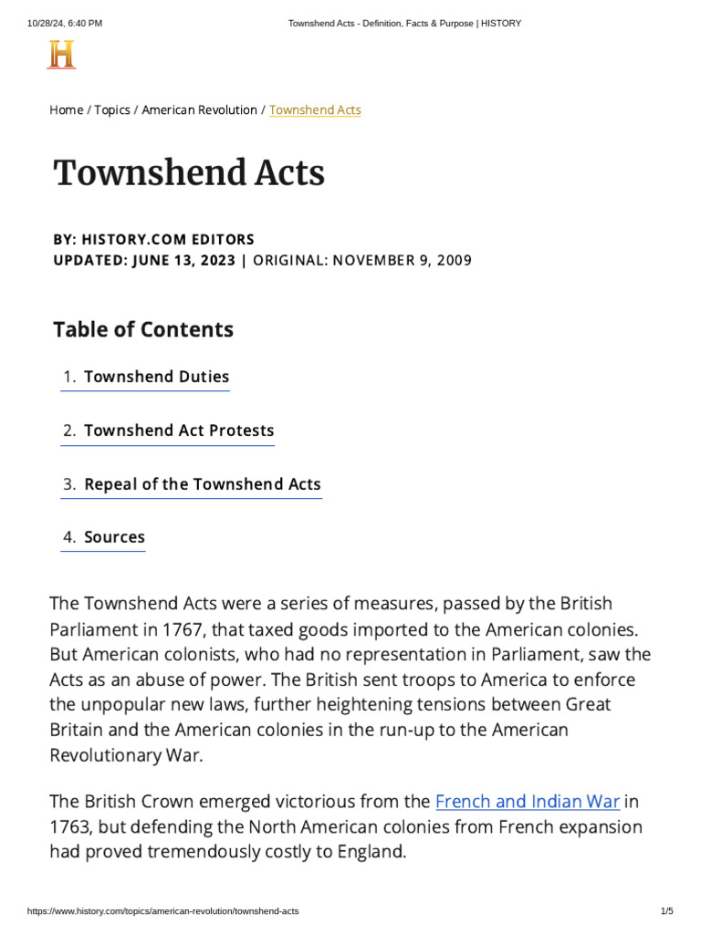 Townshend Acts Definition, Facts & Purpose - HISTORY | PDF | Colonial ...