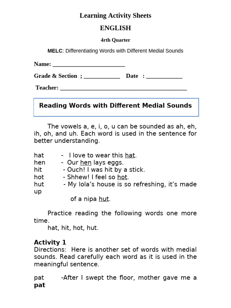 Sample Learning Activity Sheets Iin ENGLISH Reflection | PDF | Phonics ...