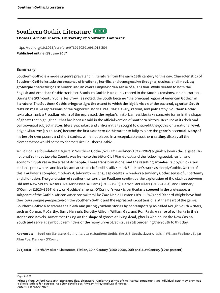 Southern Gothic Literature | PDF | Gothic Fiction