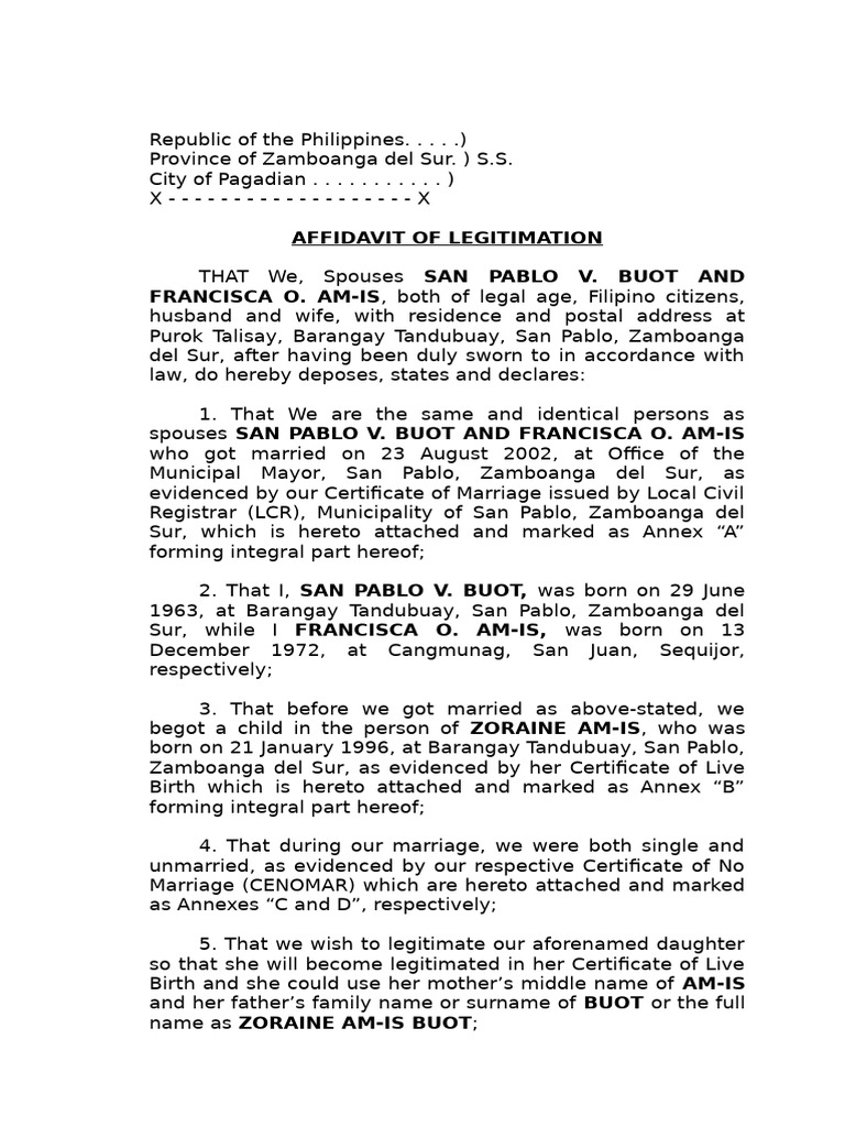 AFFIDAVIT OF LEGITIMATION - Format | PDF | Affidavit | Family