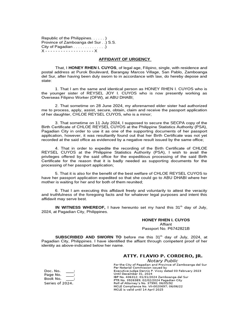 Affidavit of Urgency-Format | PDF | Affidavit | Government And Personhood