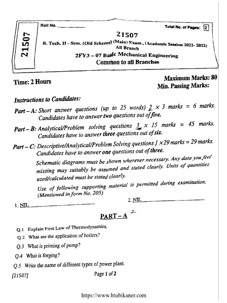 Btech 2 Sem Basic Mechanical Engineering 21507 2022 | PDF