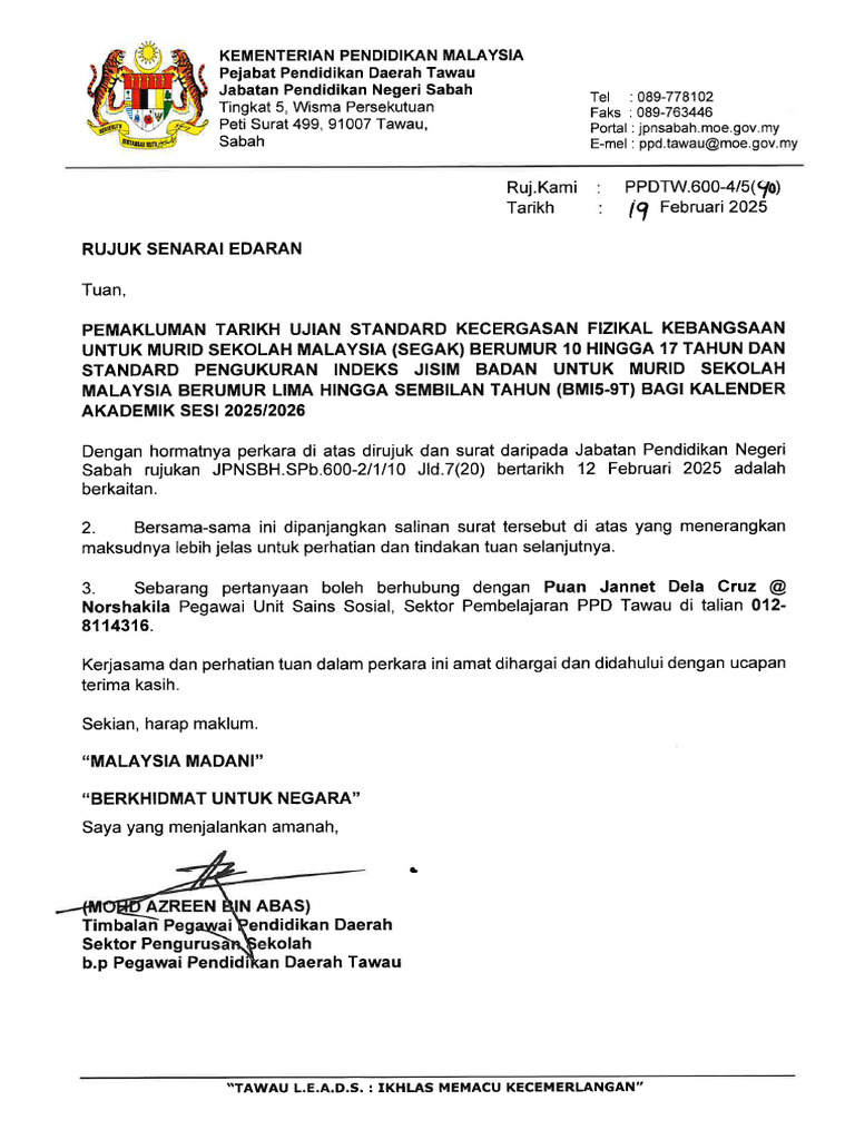 Pemakluman Tarikh Ujian Segak & Bmi5 - 9 | PDF