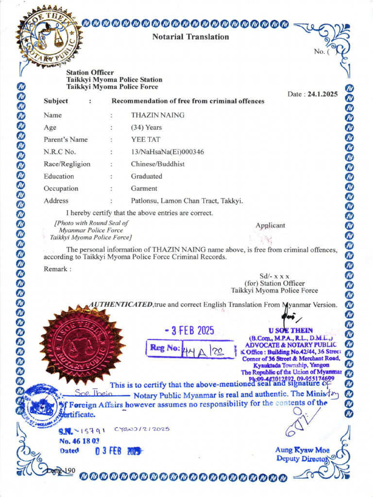 Notarial Translation_Recommendation of free from criminal offences_Thazin Naing_250221 | PDF