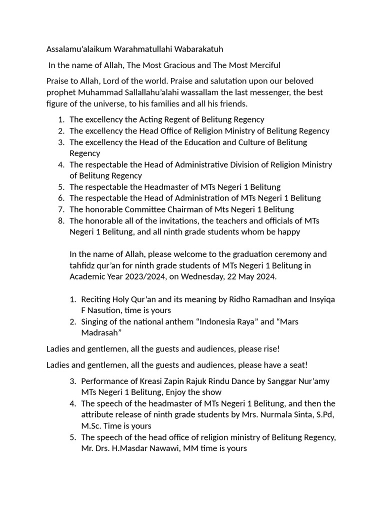 Teks Pewara Perpisahan English | PDF | Monotheistic Religions | Quran