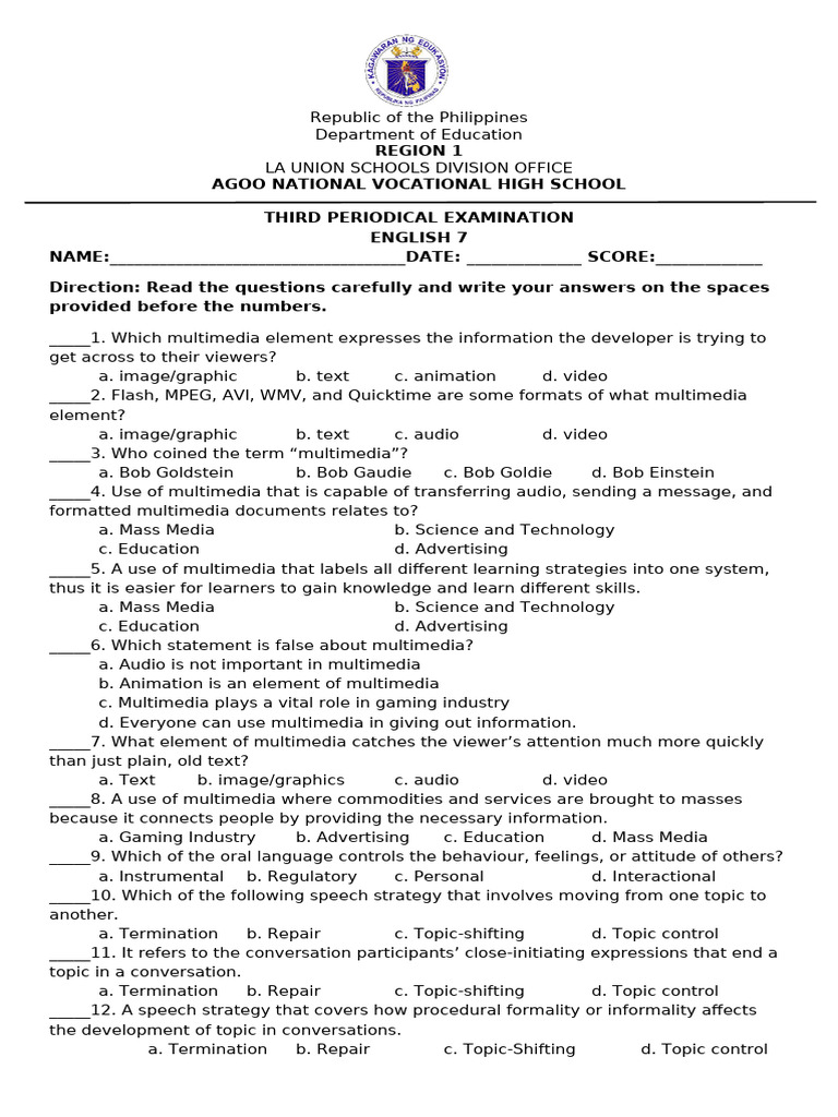 GRADE-7-THIRD-PERIODICAL-EXAM.Final | PDF | Multimedia | Nonverbal Communication