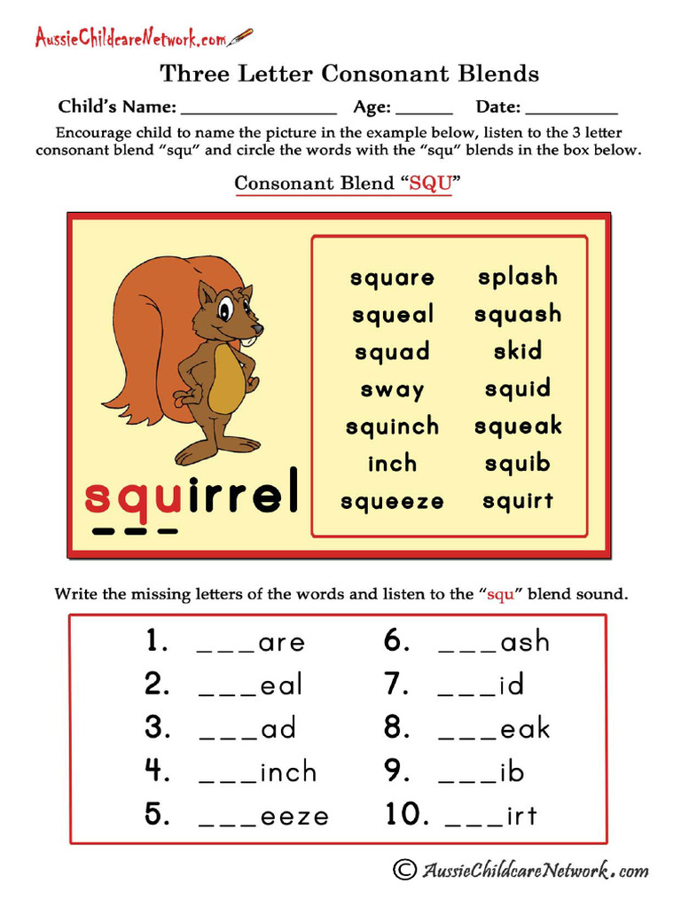 Three Letter Blends Worksheet Squ | PDF