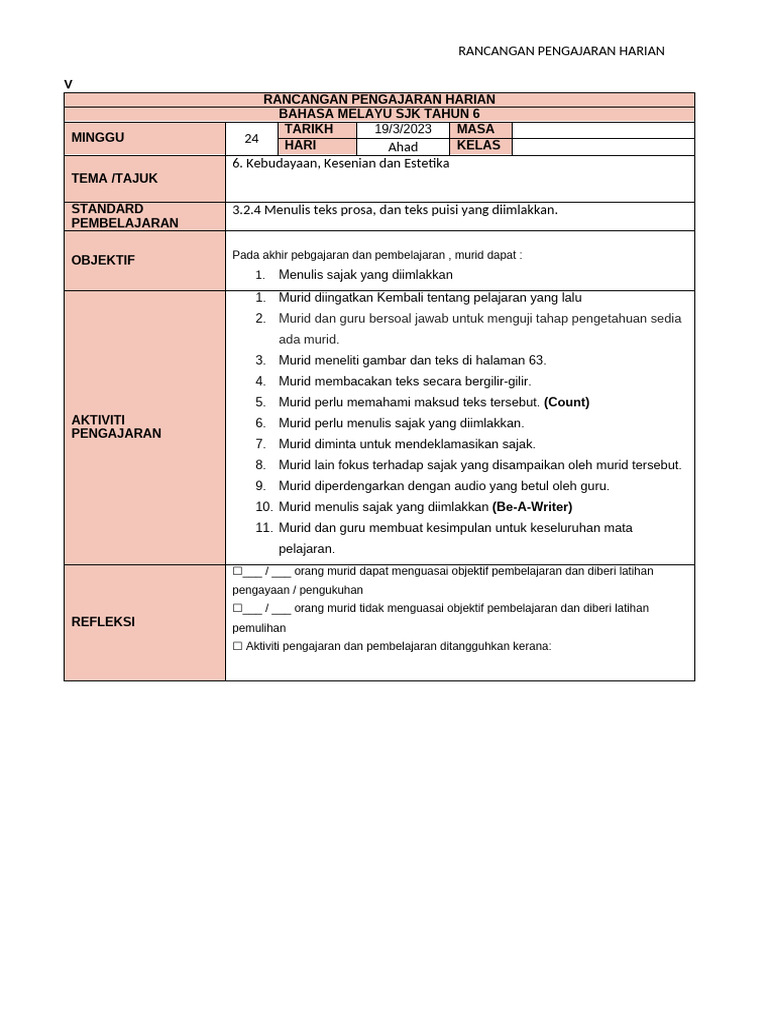 RANCANGAN PENGAJARAN HARIA m35 | PDF