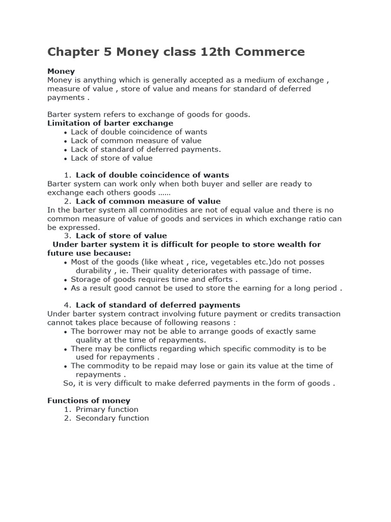 Chapter Money Class 12th | PDF | Money | Money Supply