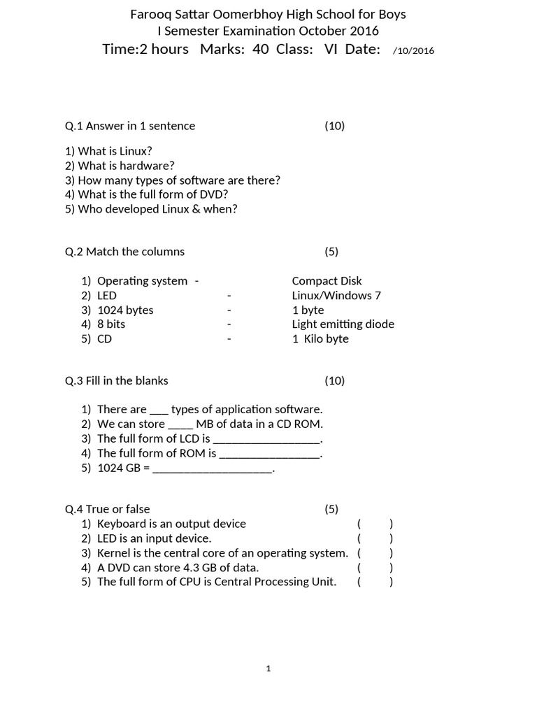 1 Semester STD 6 | PDF