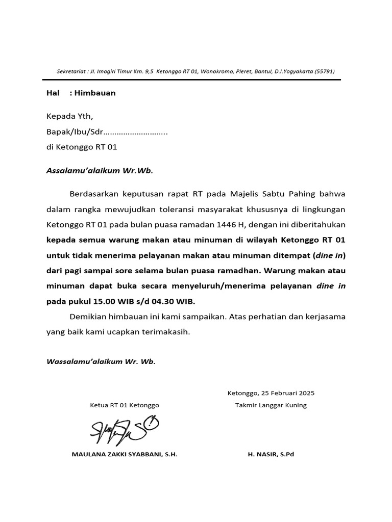 Himbauan Ramadan untuk Warung di Ketonggo | PDF