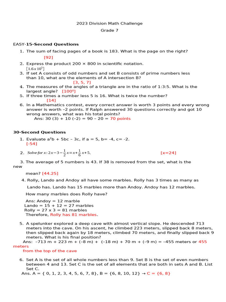 2023 Grade 7 Math Challenge Questions | PDF | Triangle | Mathematics