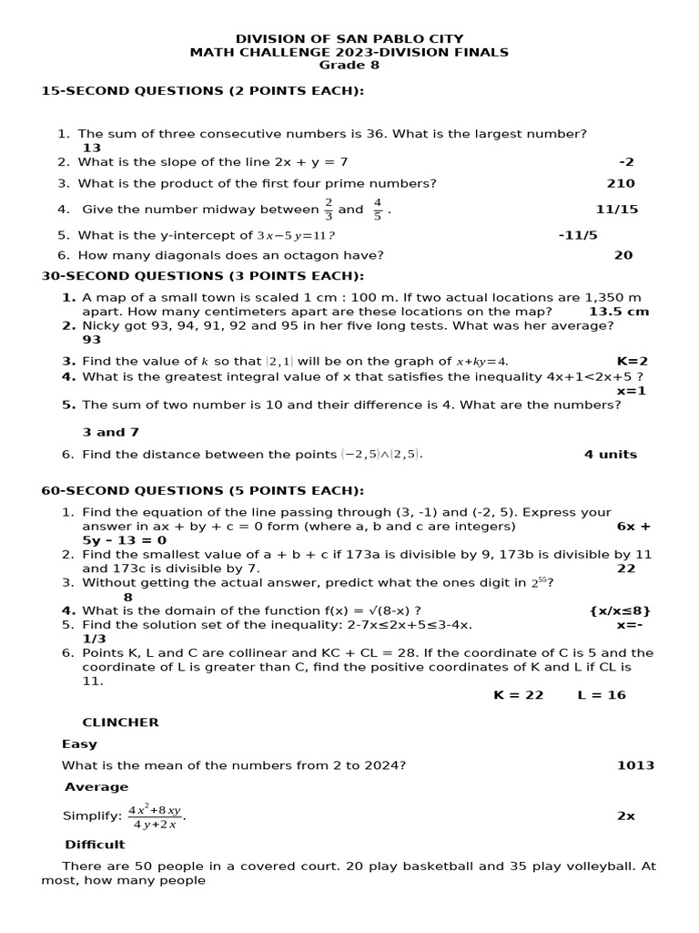 Grade 8 Math Challenge 2022 2023 | PDF | Mathematical Concepts ...