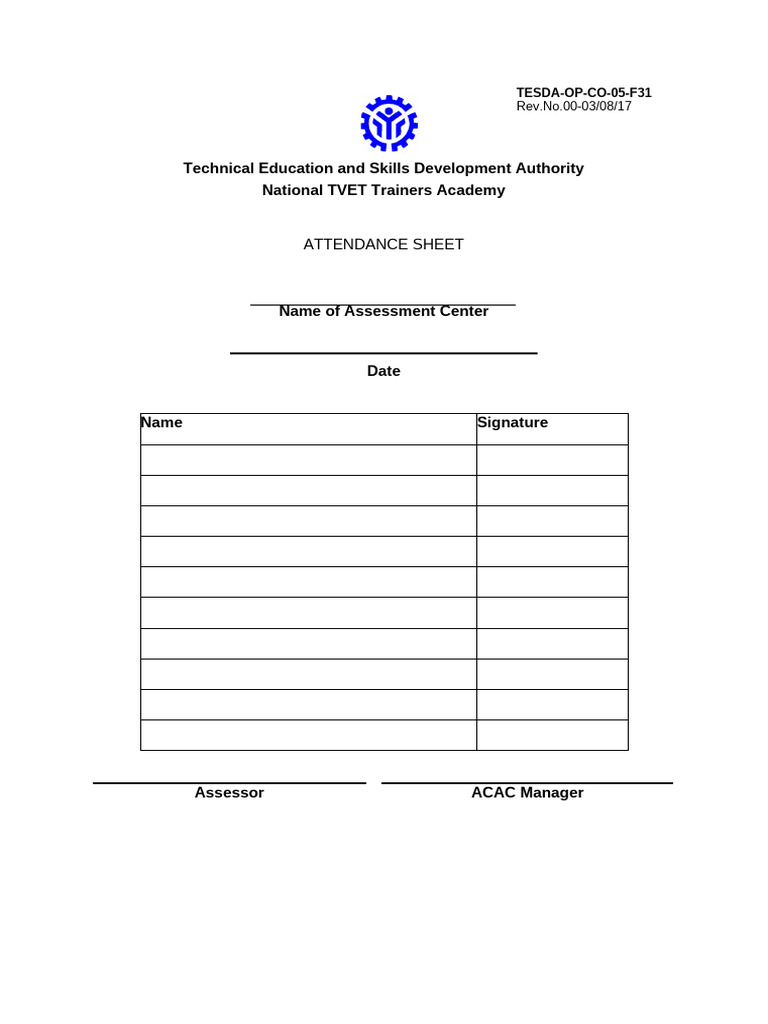 TESDA Attendance Sheet Template | PDF