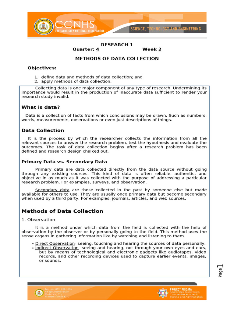 Research 1 Q4 Methods of Data Collection | PDF | Questionnaire | Survey Methodology