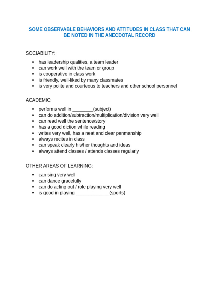 Some Observable Behaviors and Attitudes in Class That Can Be Noted in ...