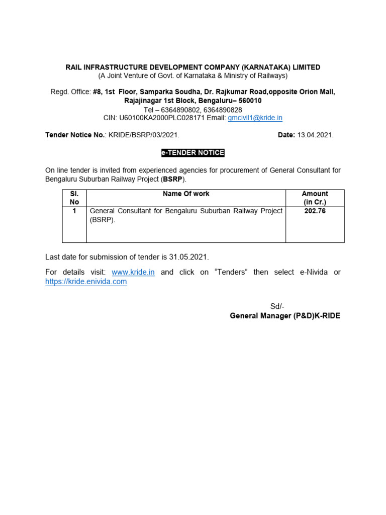 General Consultant For Bengaluru Suburban Railway Project BSRP | PDF