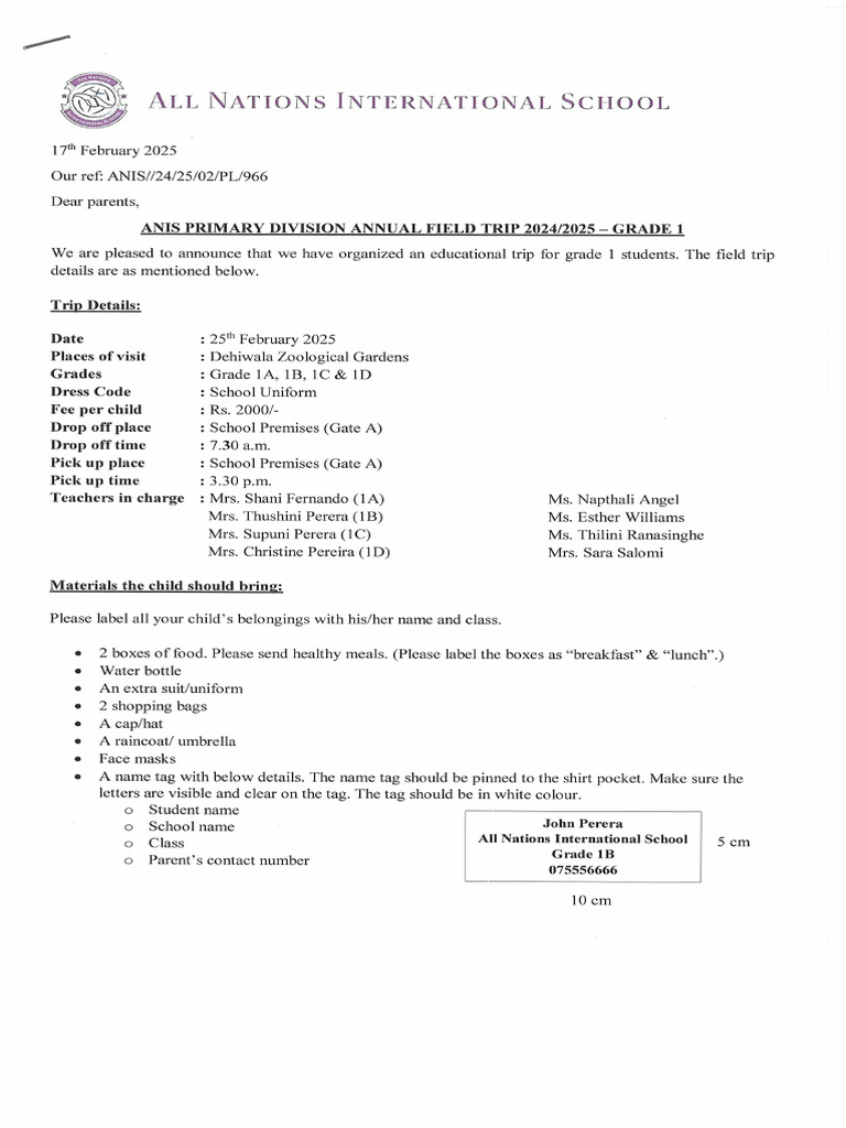 Field Trip Letter - Grade 1B | PDF
