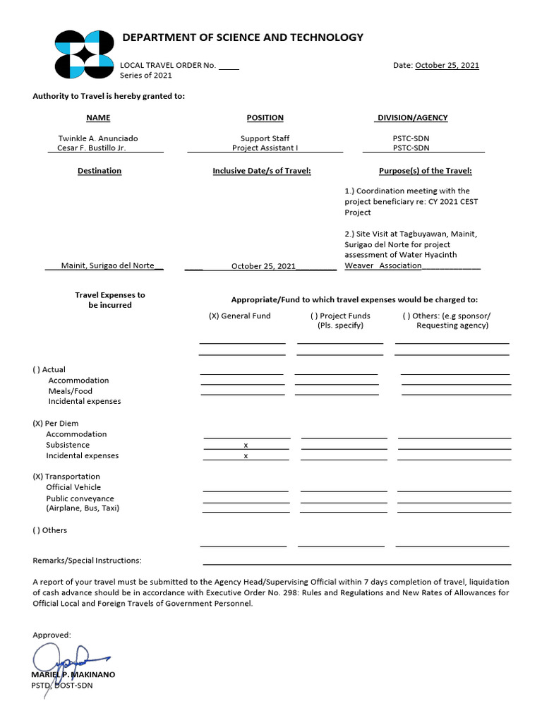 Travel Order CFB and TAA | PDF | Transport
