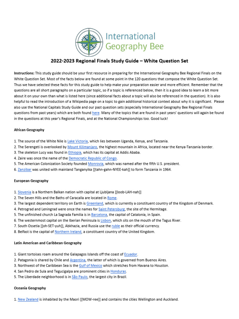 2022 2023 EMS Geography Bee Regional Finals Study Guide White Set | PDF ...