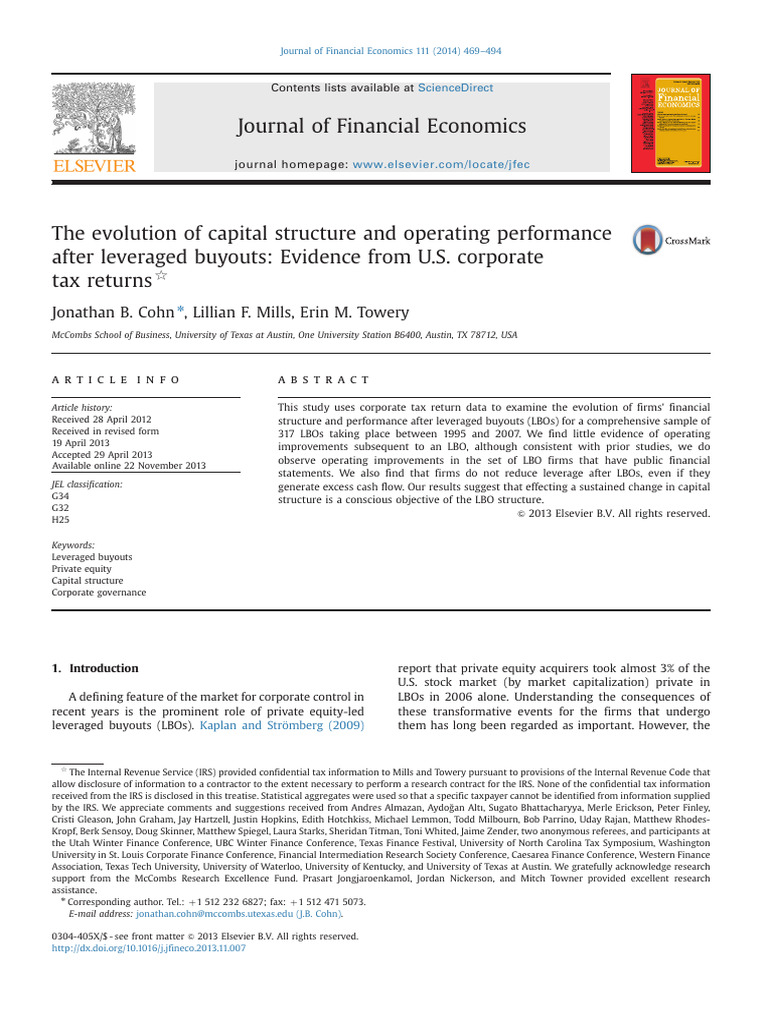 Cohn, Mills and Towery (2014) JFE | PDF | Leveraged Buyout | Irs Tax Forms