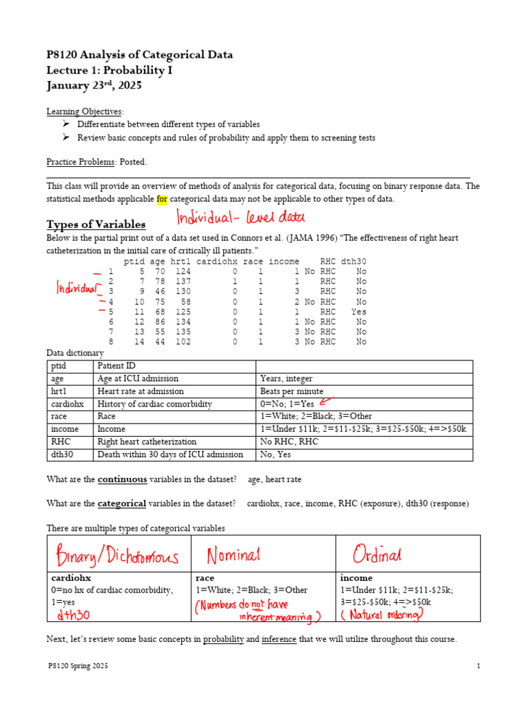P8120 - Lecture - 1 - 2025 - Annotated | PDF | Eye Color | Probability