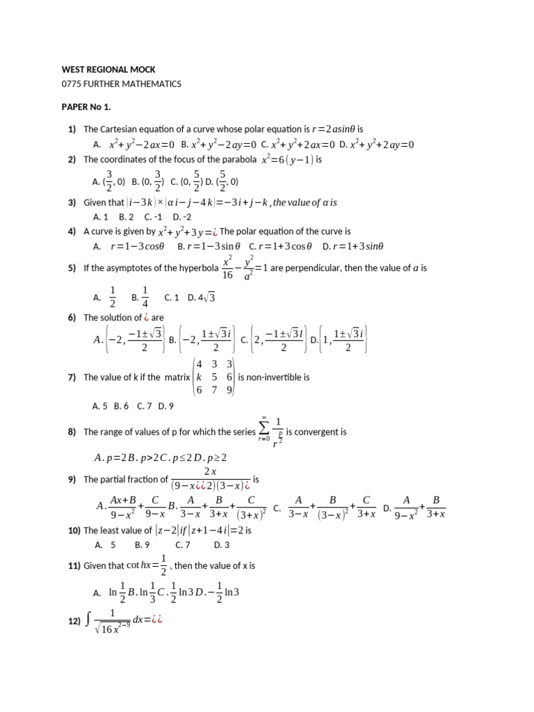 PREMOCK FURTHER MATHS paper 1 | PDF | Velocity | Coordinate System