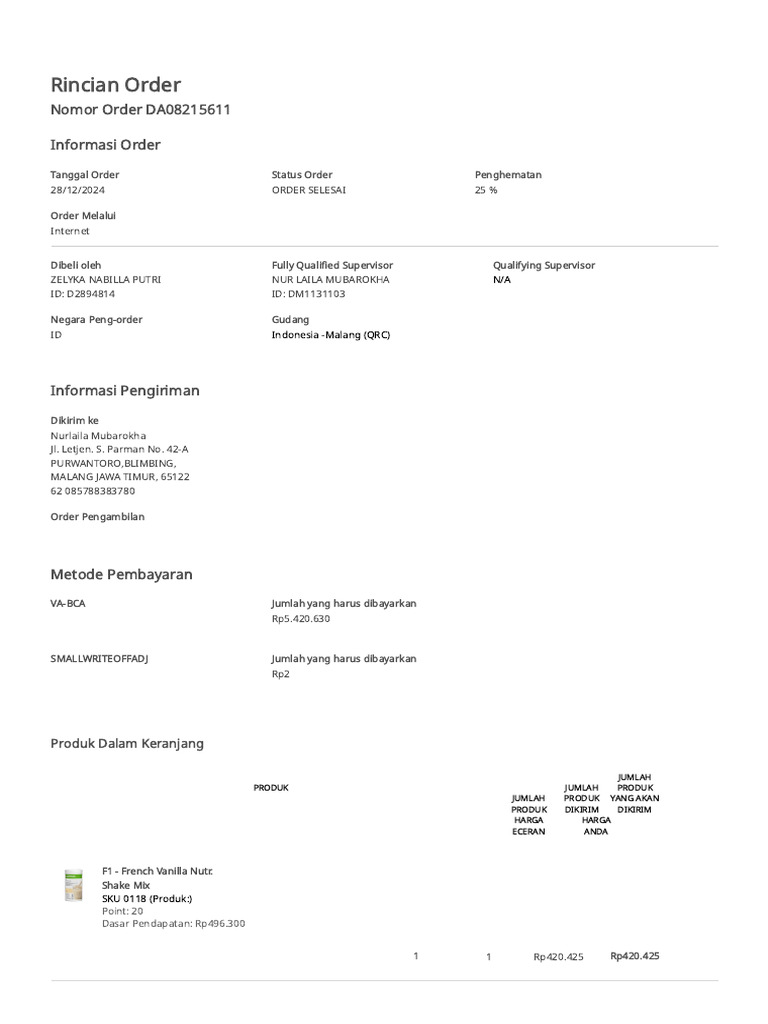 Rincian Order: Nomor Order DA08215611 Informasi Order | PDF