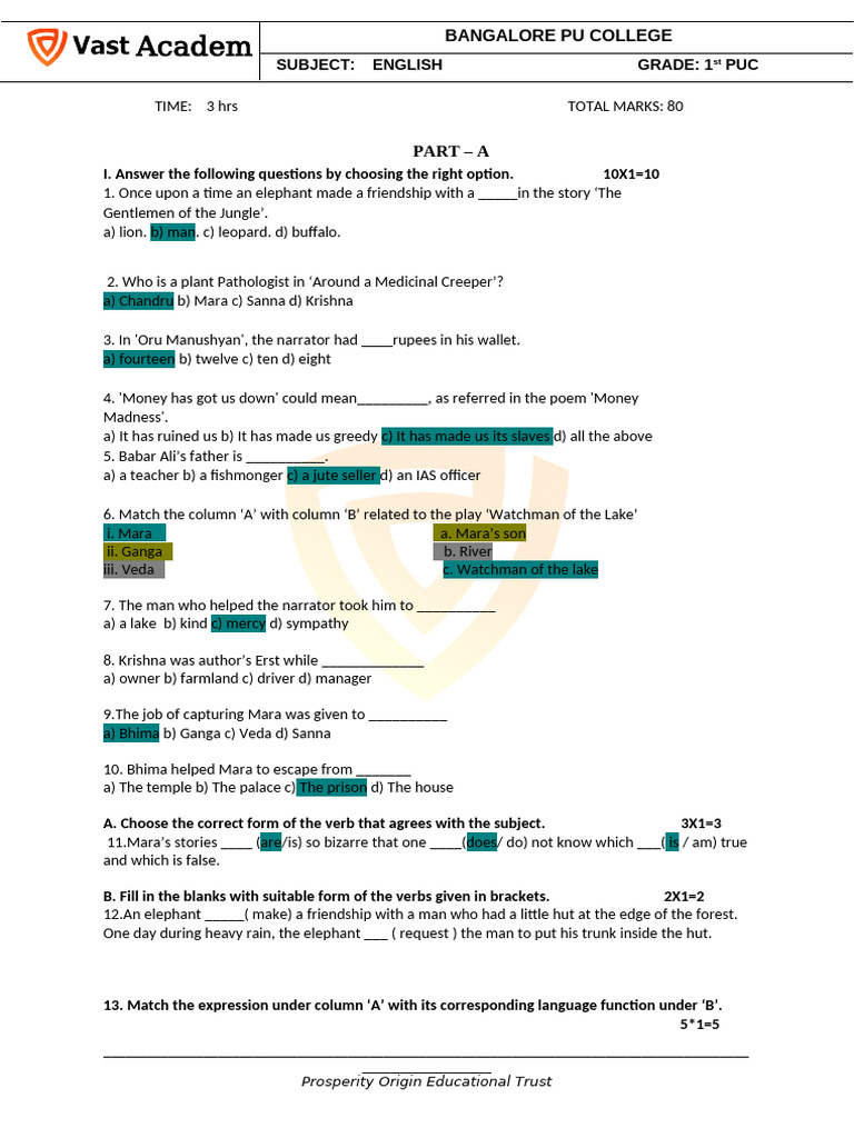 English Exam Paper for 1st PUC Students | PDF | Birds