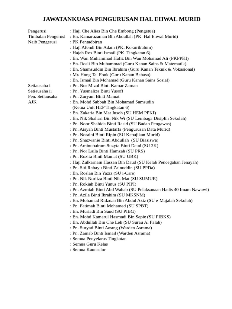 JAWATANKUASA PENGURUSAN HAL EHWAL MURID | PDF
