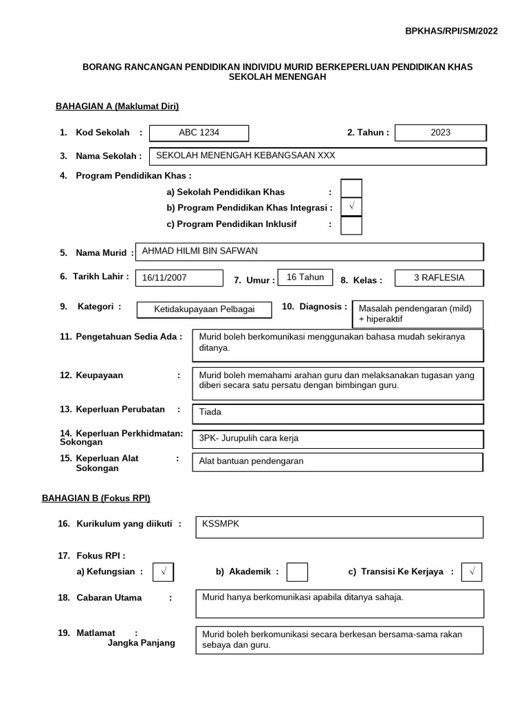 Contoh RPI Menengah Kefungsian Dan TK | PDF