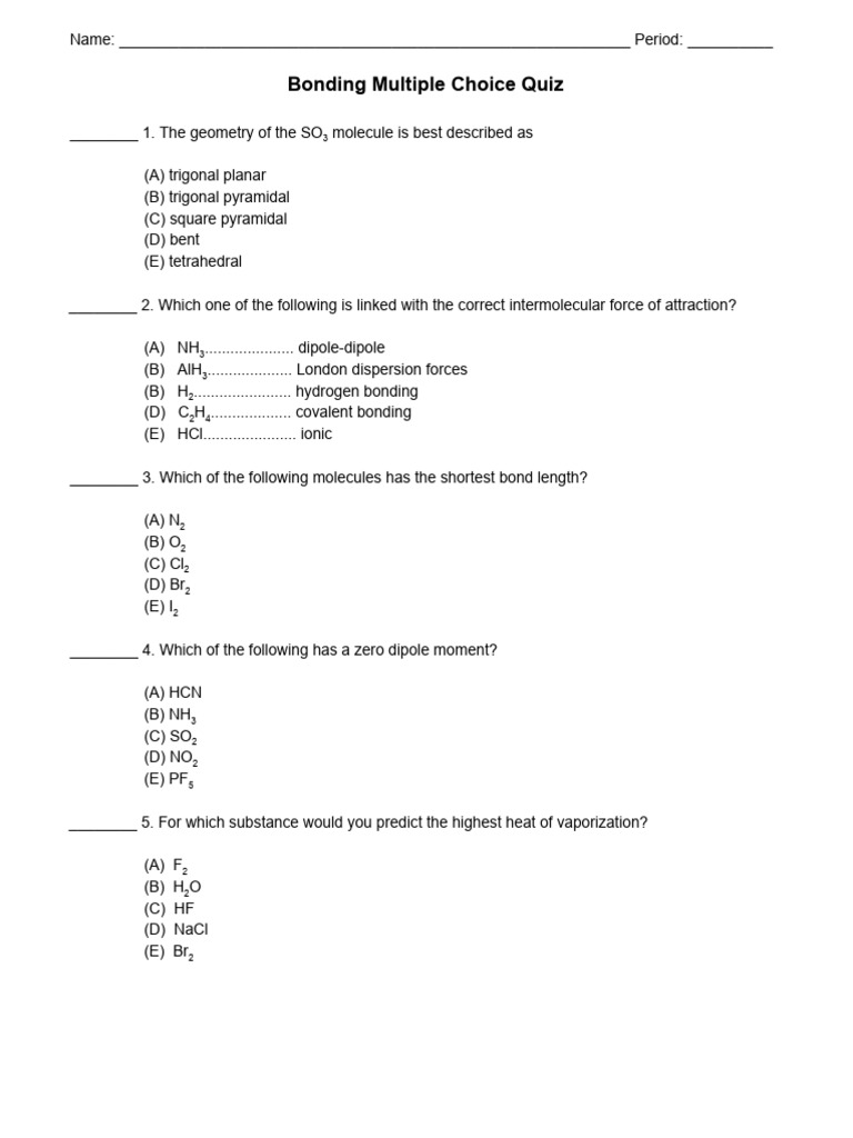 Bonding Multiple Choice Quiz | PDF | Chemical Bond | Intermolecular Force