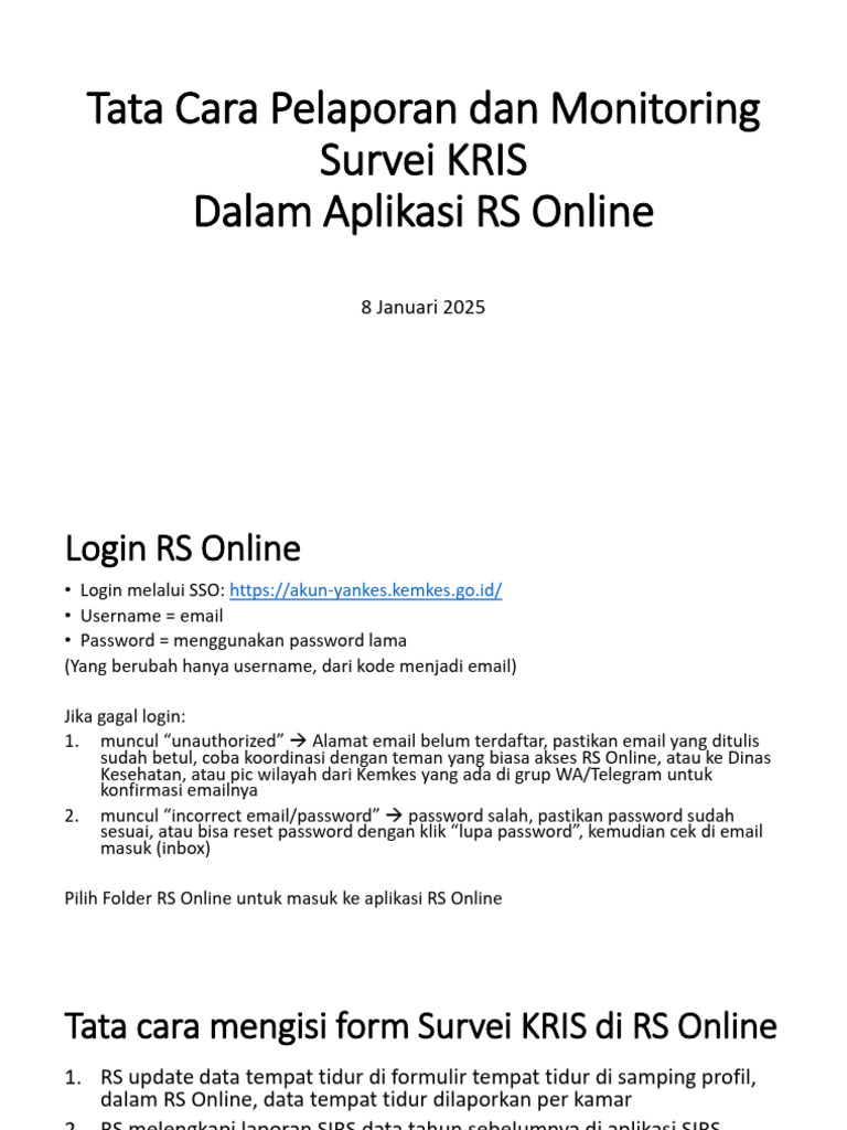 Panduan RS Online untuk Survei KRIS | PDF